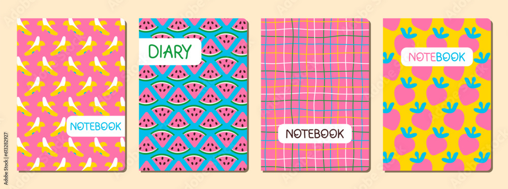 Set of cover templates for notebook with fruit and grid patterns. Hand ...