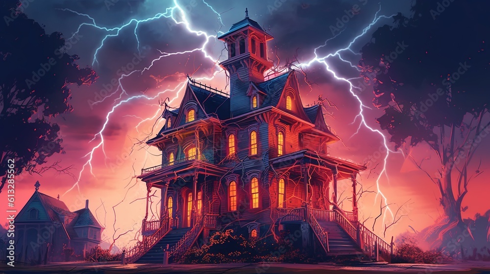A lightning strike illuminating a haunted mansion . Fantasy concept ...