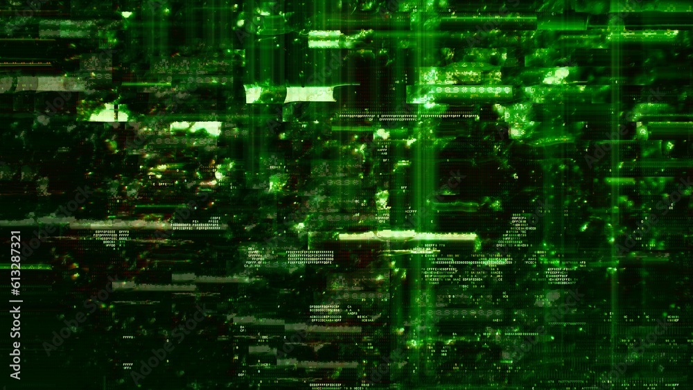 Defected green HUD interface 3D Illustration with abstract digital code ...
