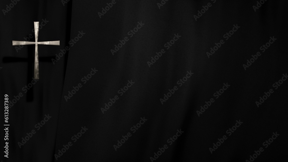 Liturgic black velvet with silver Christian Cross on copy space. 3D ...