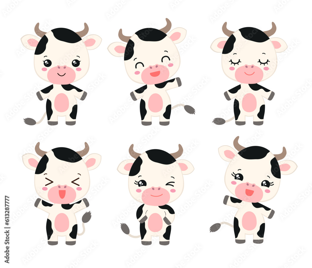 Cute cow emoji icon set for messenger or game. Cartoon calf vector ...