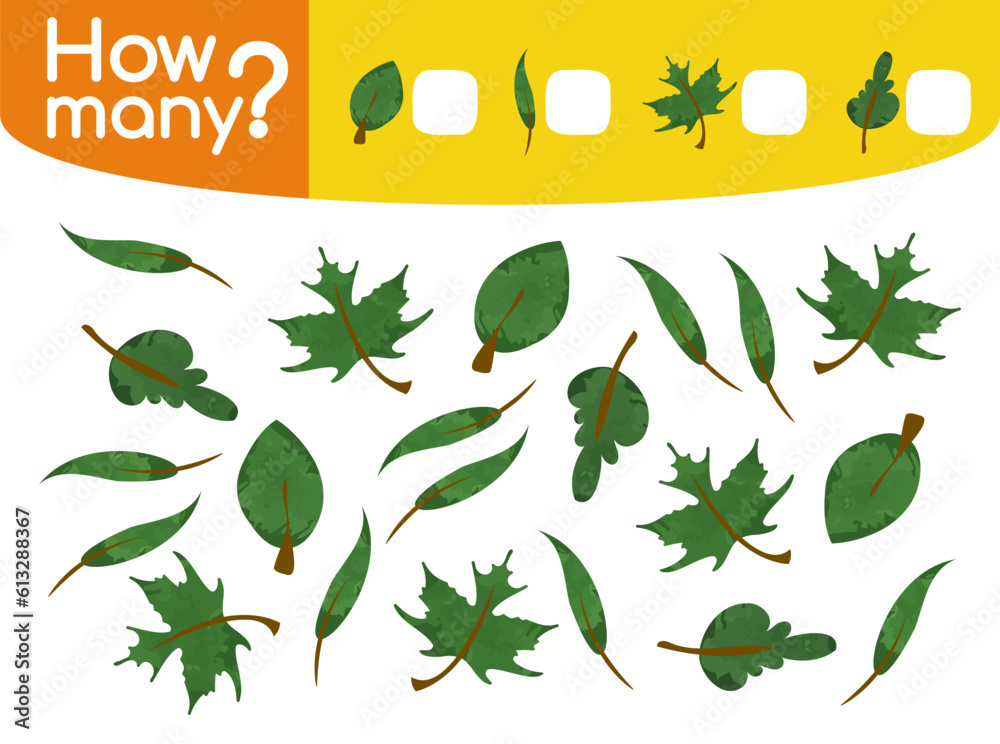 Counting game with green leaves for preschool children. Educational ...