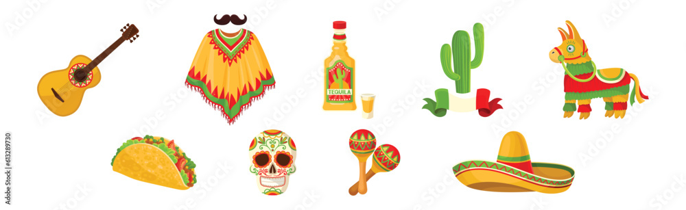 Mexican Objects and Symbols with Guitar, Poncho, Tequila, Cactus, Llama ...