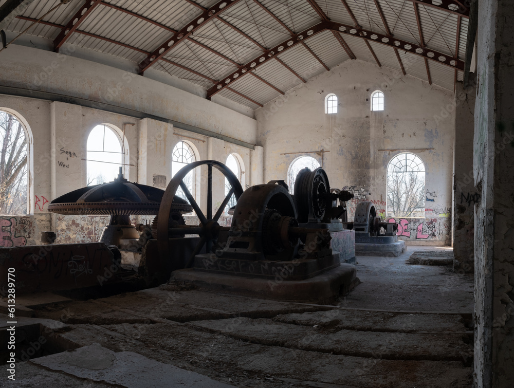 Interior of old abandoned hydro power plant on Vrbas river in Banja ...