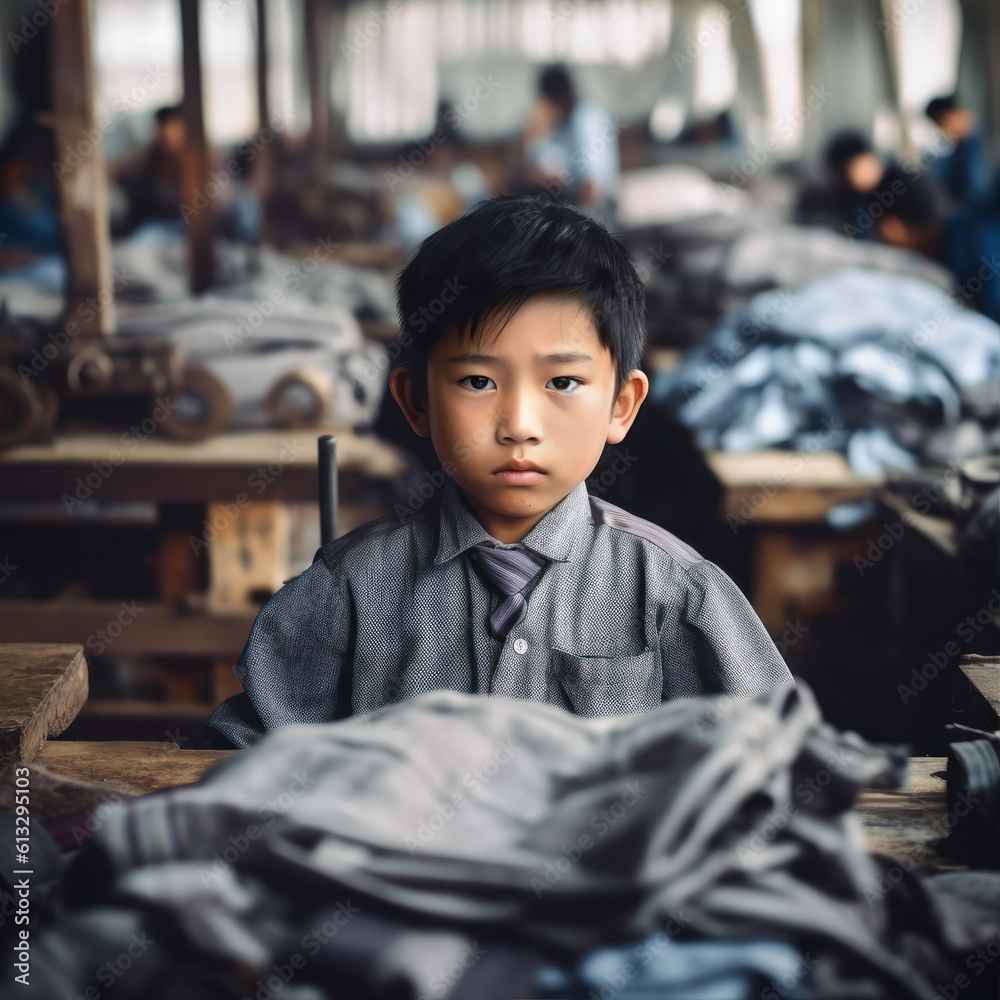 Small Asian boy portrait with blurred textile factory background ...