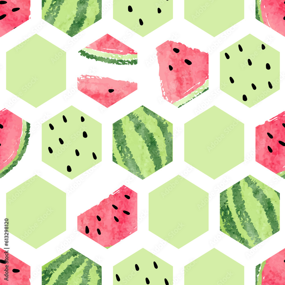 Seamless abstract summer pattern with watermelon. Vector hexagon ...