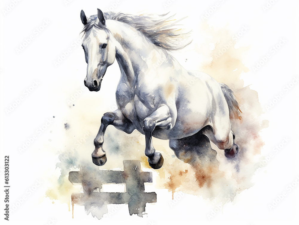 illustrazione in stile acquerello di strepitoso cavallo bianco da salto ...