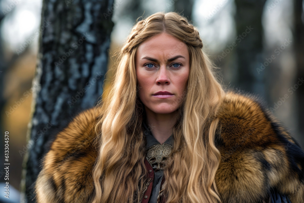 Viking goddess Freya with long blonde hair and determined face ...