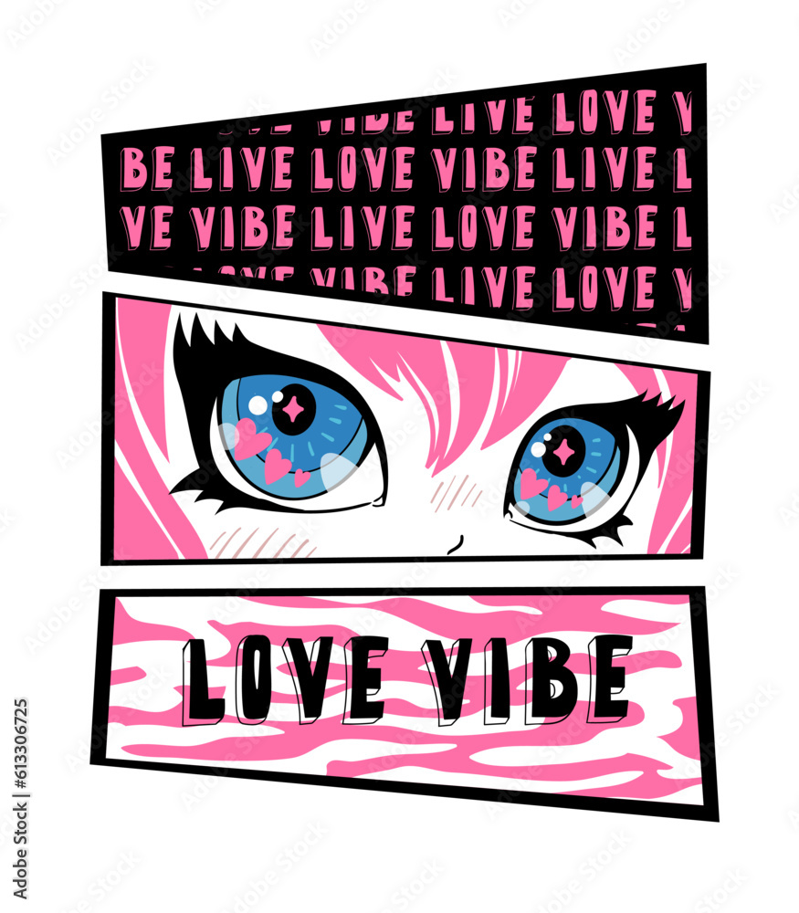 Anime eyes print. Lettering poster with Look eye anime girl. Leopard ...