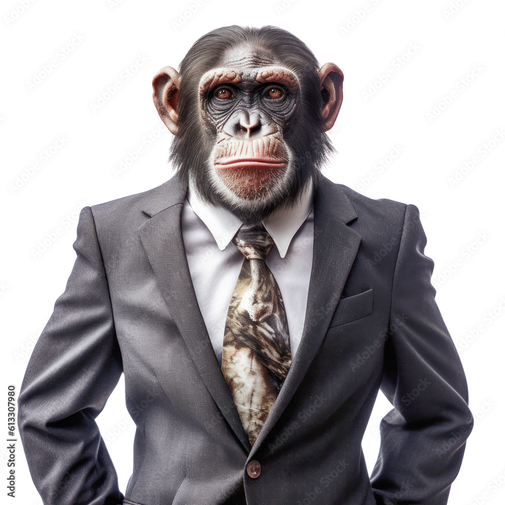 Serious chimpanzee wearing business suit and tie standing isolated on ...