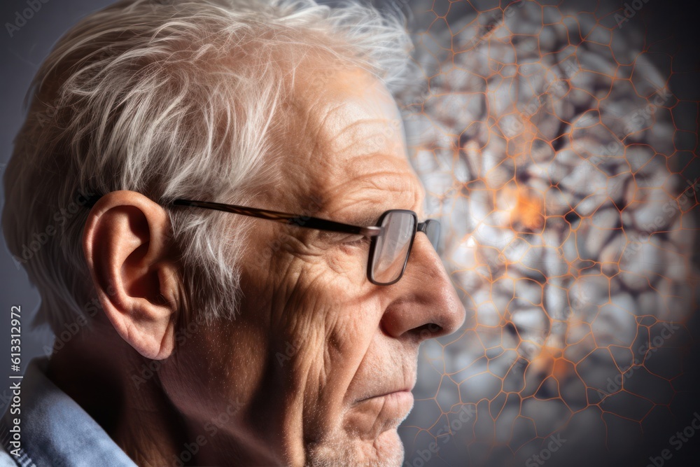 head of a senior man symbolize dementia, human brain diseases, and ...