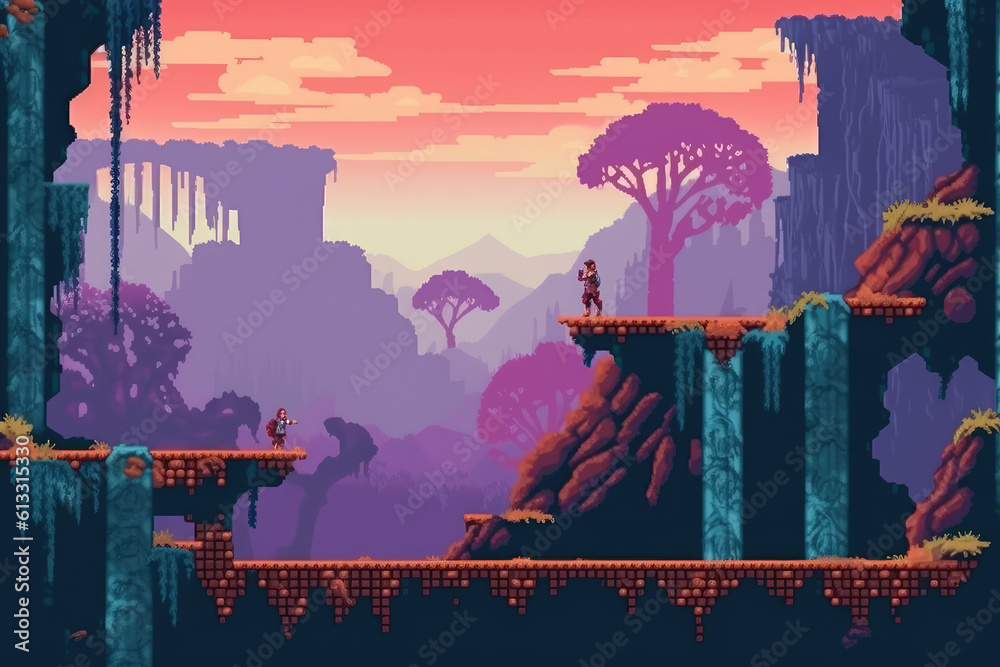 Adventure game screen, Retro computer games level. Pixel art video game ...