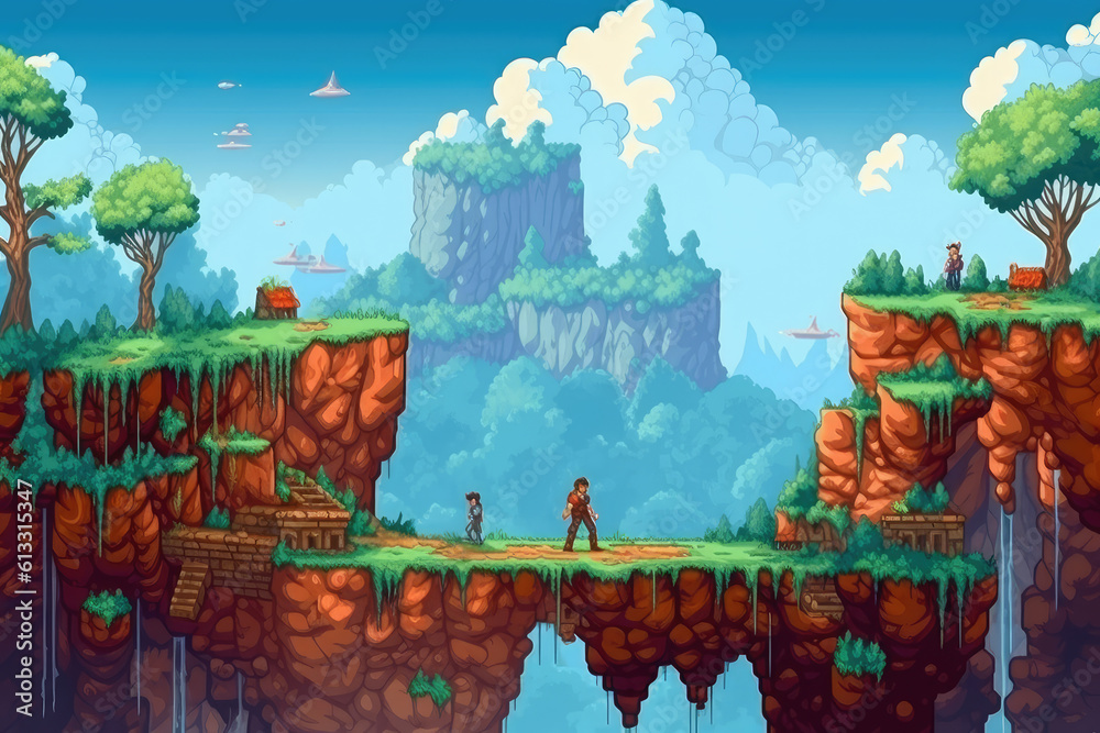 Adventure game screen, Retro computer games level. Pixel art video game ...