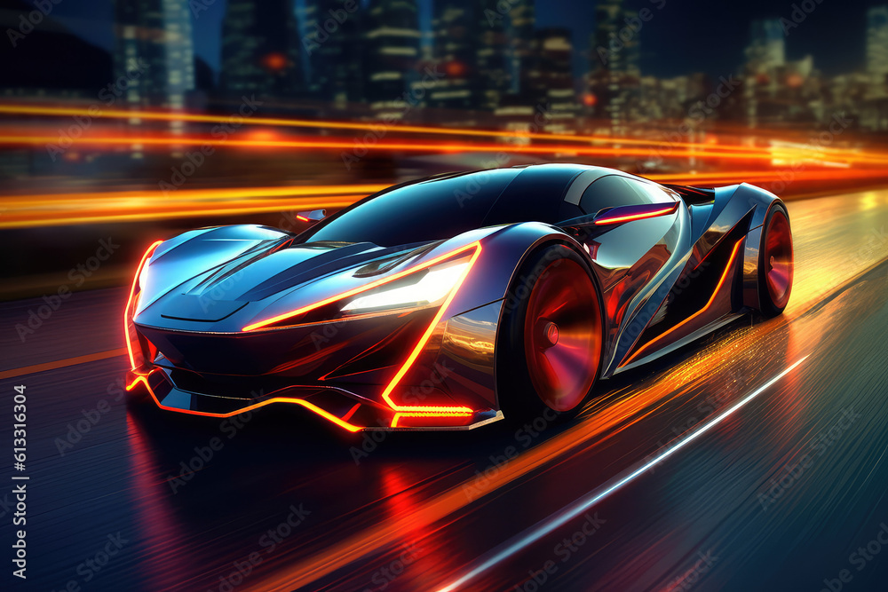 Sports car of the future on the road in motion, speed and transport ...