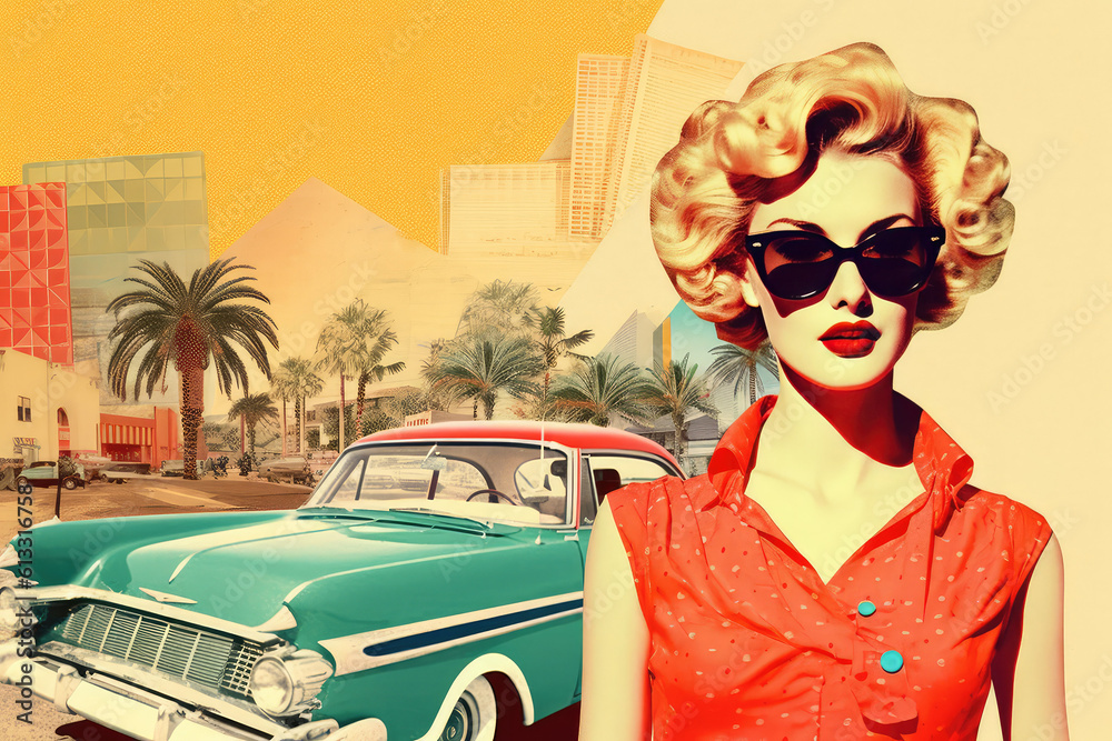 Collage of girl in retro style with hairstyle, glasses and palm trees ...