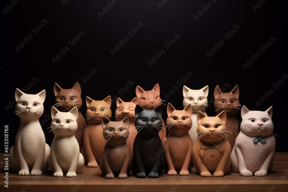 Various clay cat figurines standing on the floor, representing ...