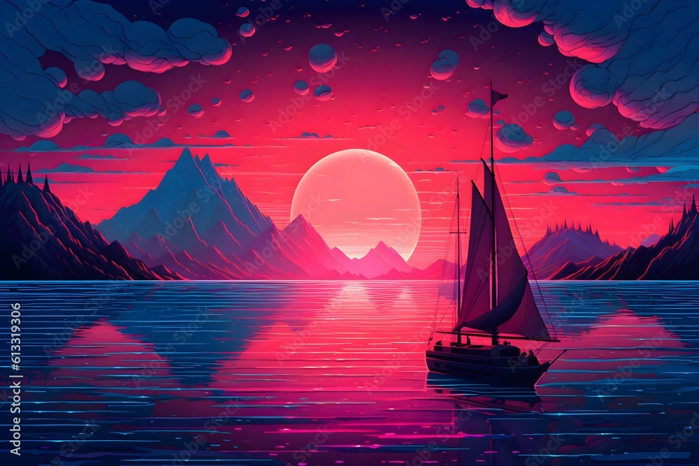 Beautiful ocean landscape in a 80s Retrowave theme. Mountain ranges and ...