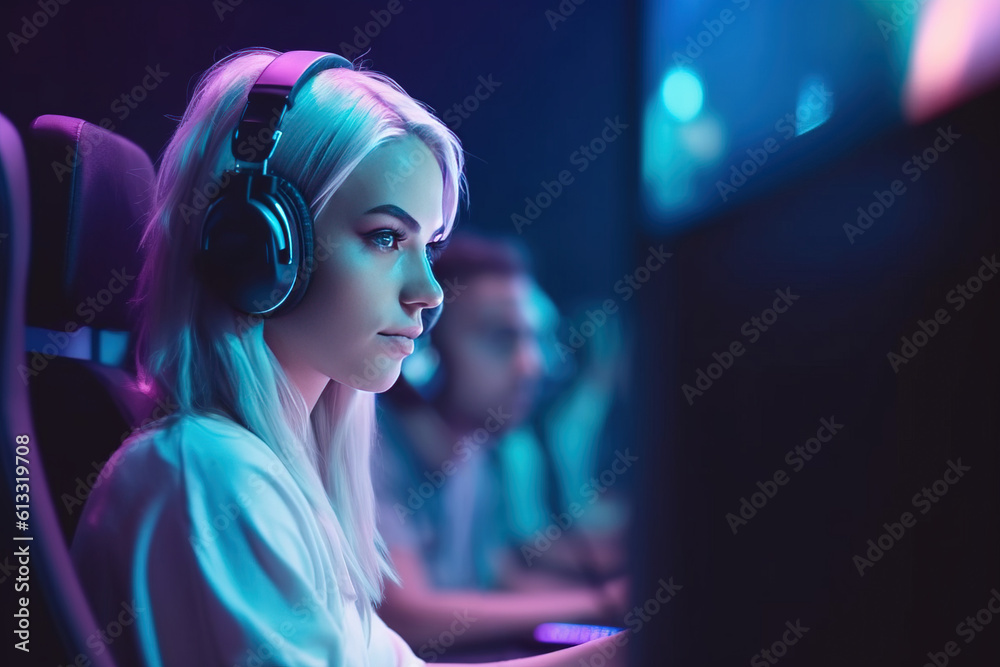 Beautiful female professional gamer plays with her team during the ...