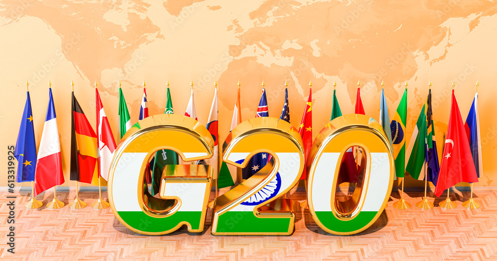 G20 meeting in India, flags of all members G20 in room. 3D rendering ...
