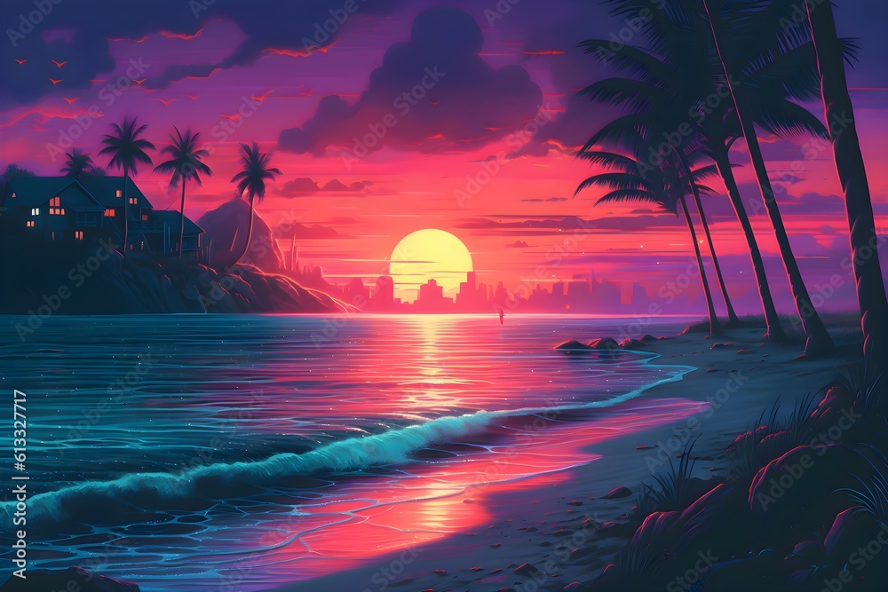 Beautiful beach landscape with a beach house and a city in the ...