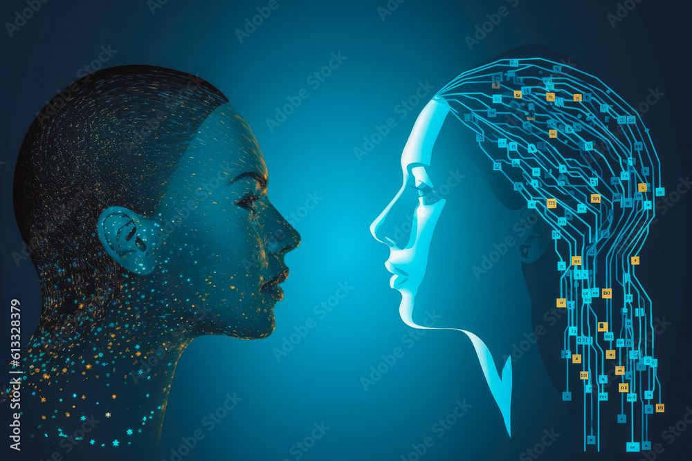 Human profile juxtaposed with an AI concept to show the similarity ...