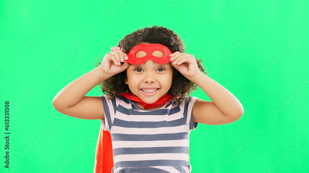 Happy child, superhero and portrait on green screen with a smile to ...
