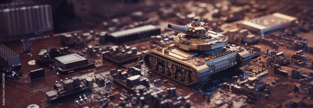 closeup on a military tank on a powerful computer board for AI taking ...