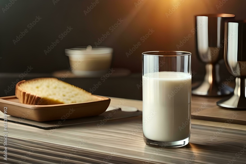 Glass of milk on a table in a kitchen setting. Created with generative ...