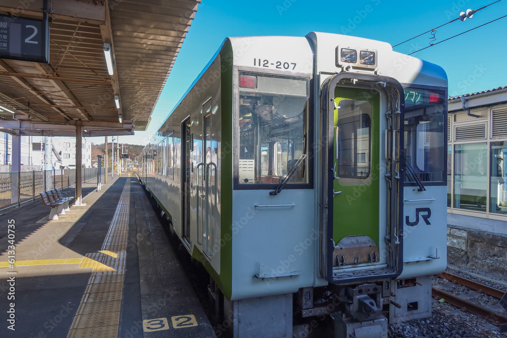 JR Hachiko Line at Ogose station in Iruma, Saitama, Japan. February 16 ...