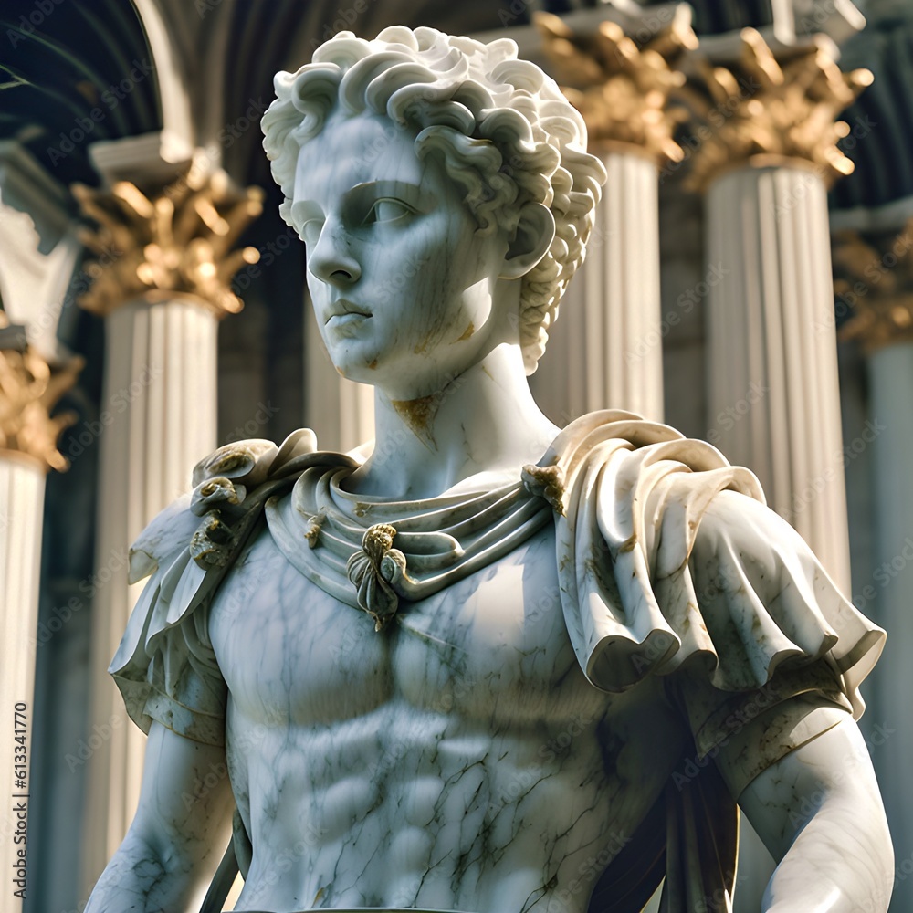 A generative ai image of a white marble statue bust of a roman soldier ...