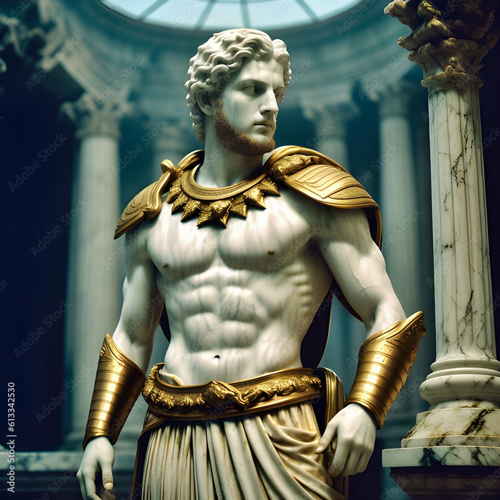 A generative ai image of a white marble statue bust of a roman soldier ...
