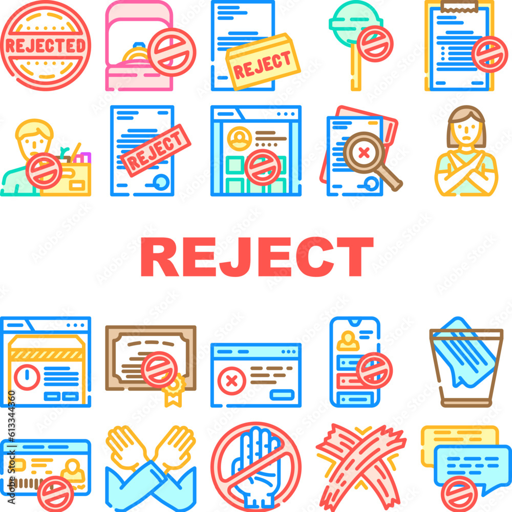 reject deny document cancel icons set vector. business stamp, man ...
