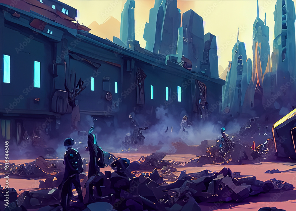 abstract cartoon style scenery of post apocalypse world created with ...