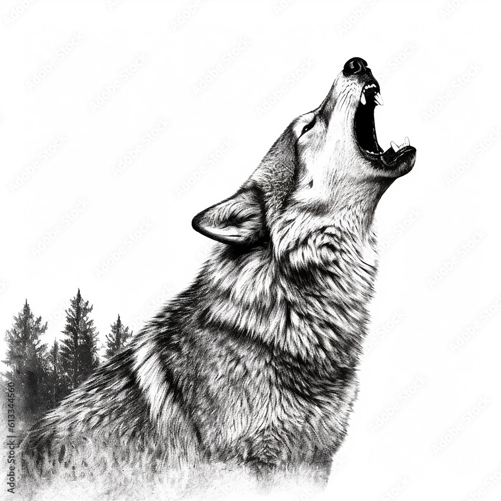 black and white wolf howling at the moon in drawing style, generative ...