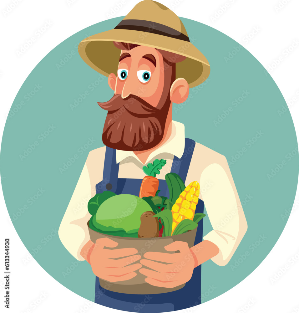 Happy Farmer Holding a Basket of Vegetables Vector Cartoon Illustration ...