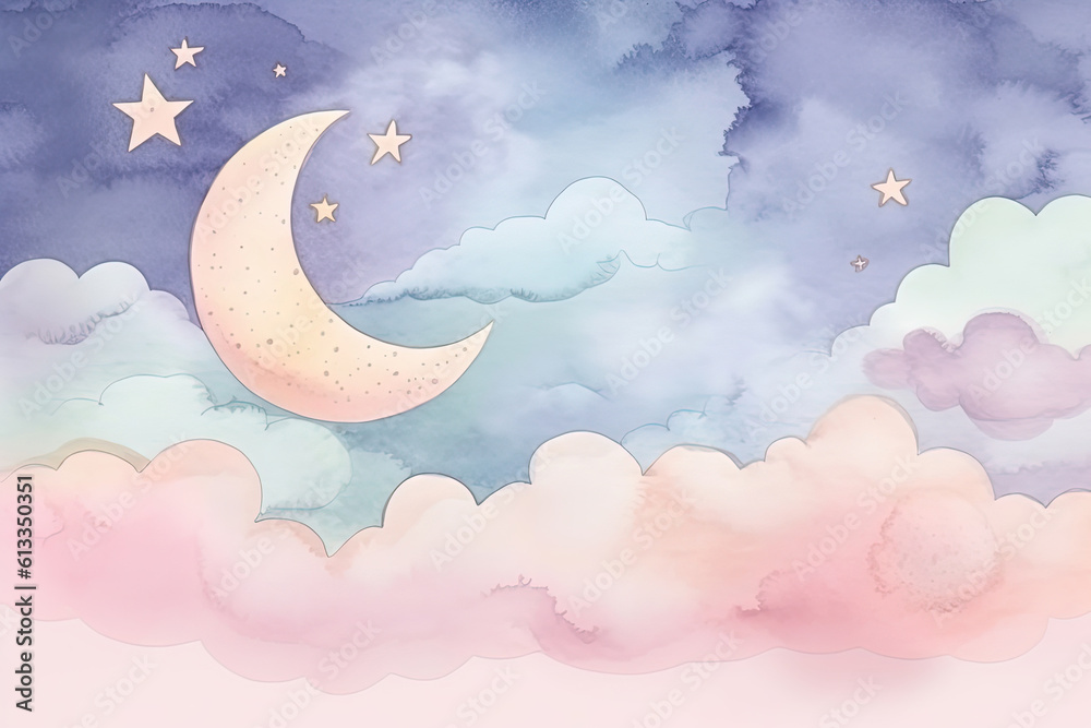 Watercolor style clouds with moon, pastel colors. Nursery baby born ...