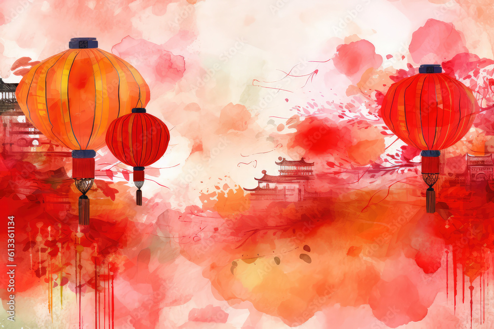Chinese new year watercolor background vector. Oriental festive art ...