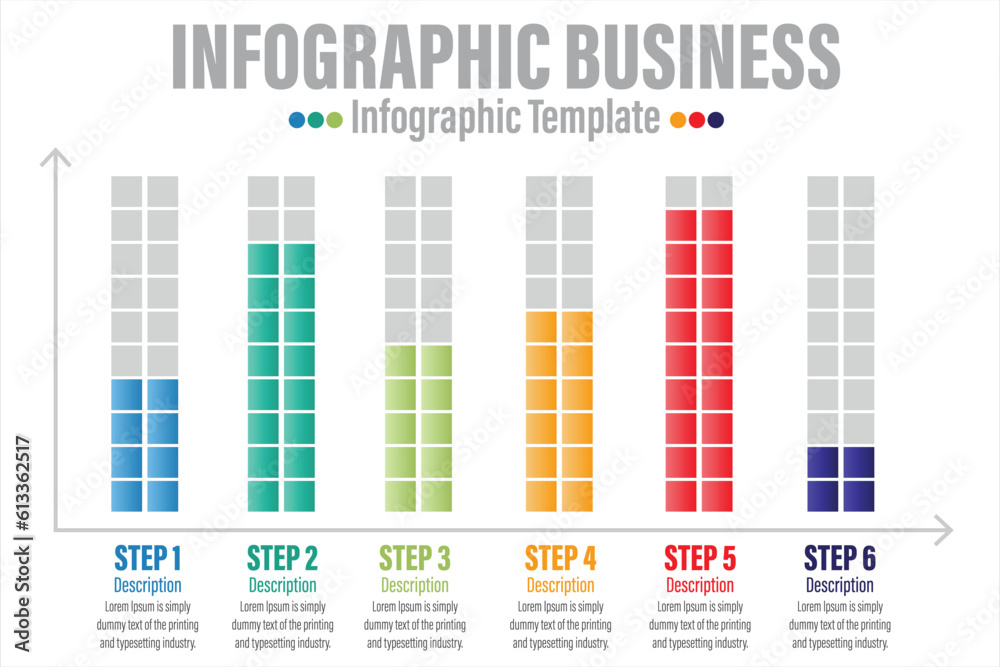 6 Steps Bar Business Infographic. Bar chart infographic template. Abstract digital business ...