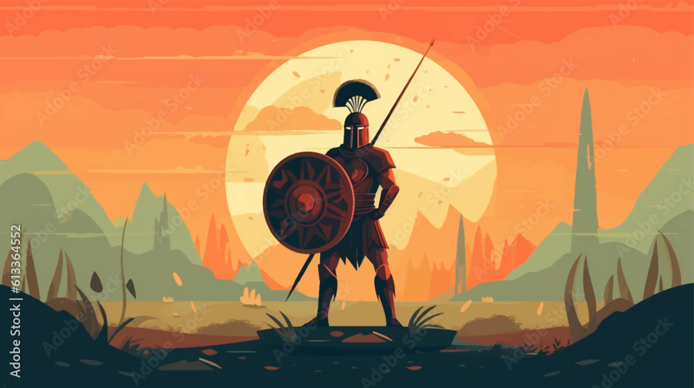 Vector illustration of ancient warrior with his shield and spear ...