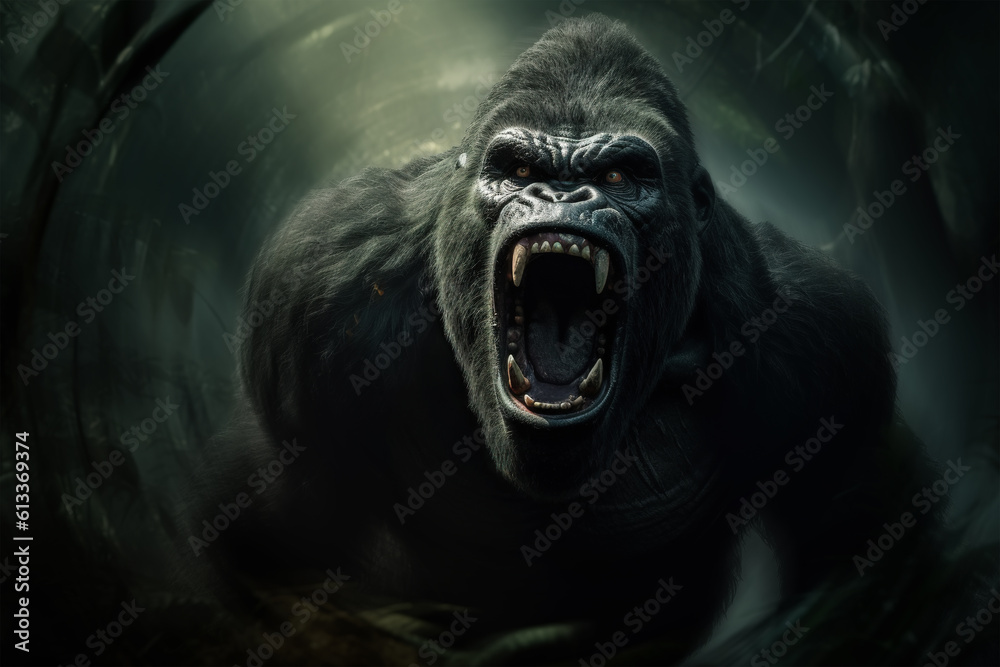 Dangerous angry screaming gorilla in the jungle, scary aggressive big ...