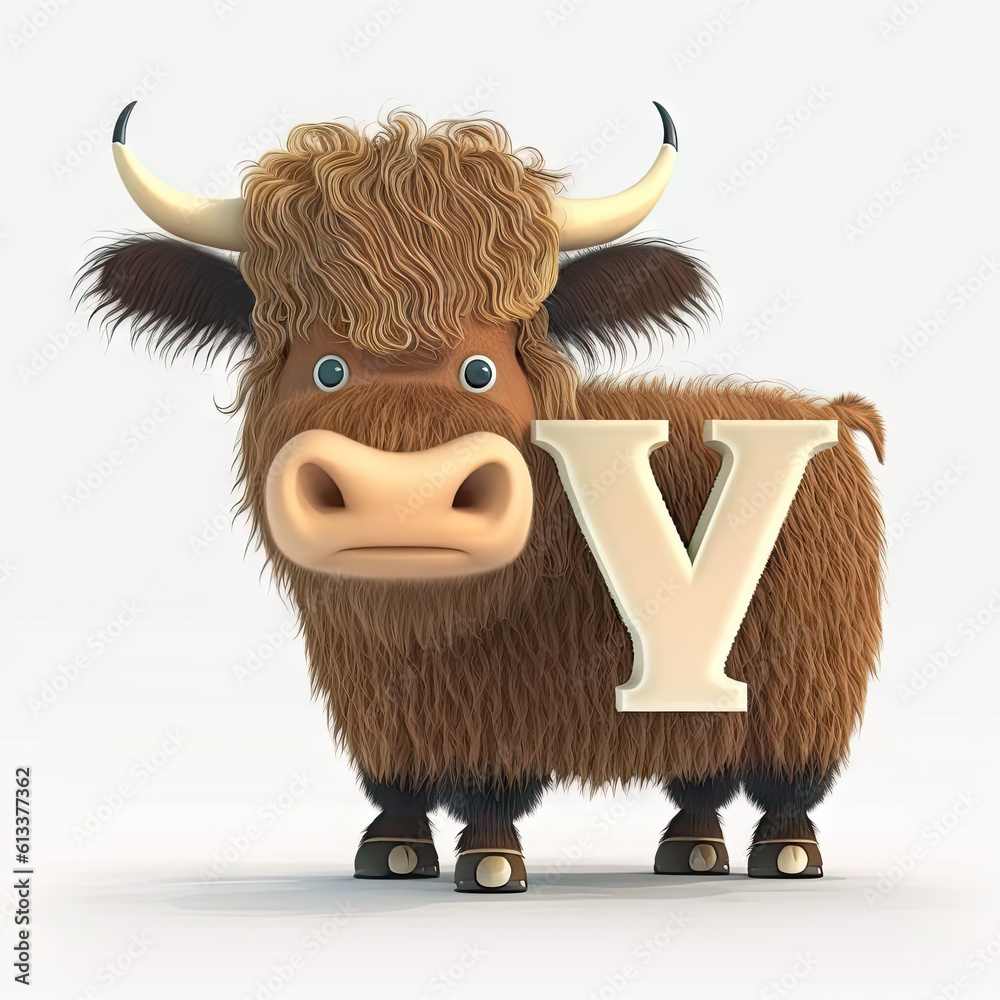 Kids alphabet. Cute cartoon yak animal with letter Y on white ...