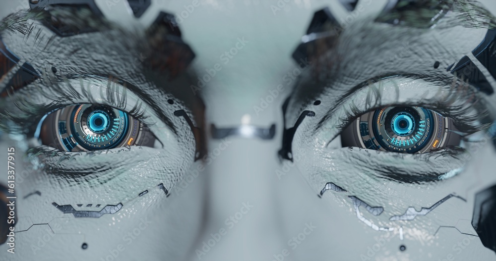 Conceptual design of AI and Machine learning, Robot opening eyes, deep ...