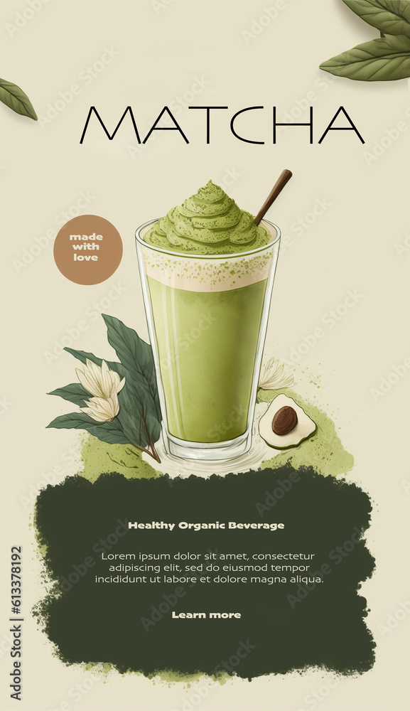 Generative AI. Instant matcha latte with flying tea leaves and green ...