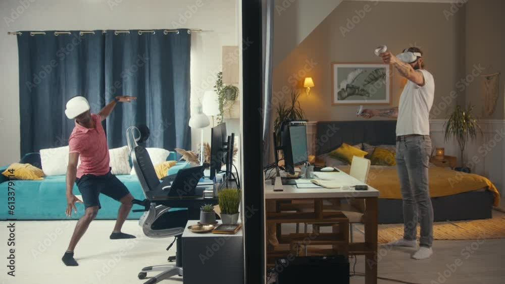 Multi ethnic men, neighbours in VR headsets play extended reality video ...