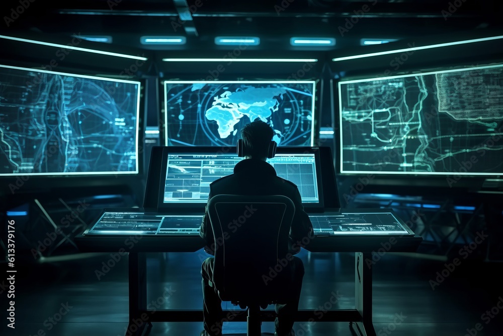 Programmer working is on computers with multiple monitors, back view ...