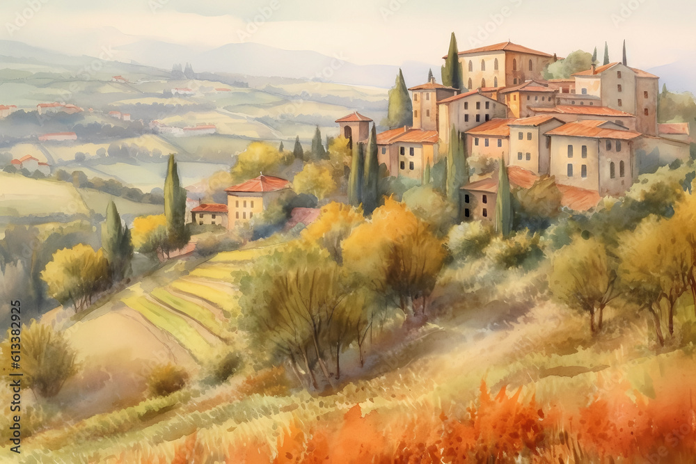 Artwork - watercolor pencil drawing of the Tuscany in Italy Stock ...
