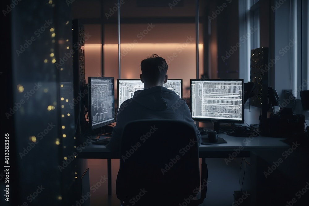 Programmer working is on computers with multiple monitors, back view ...