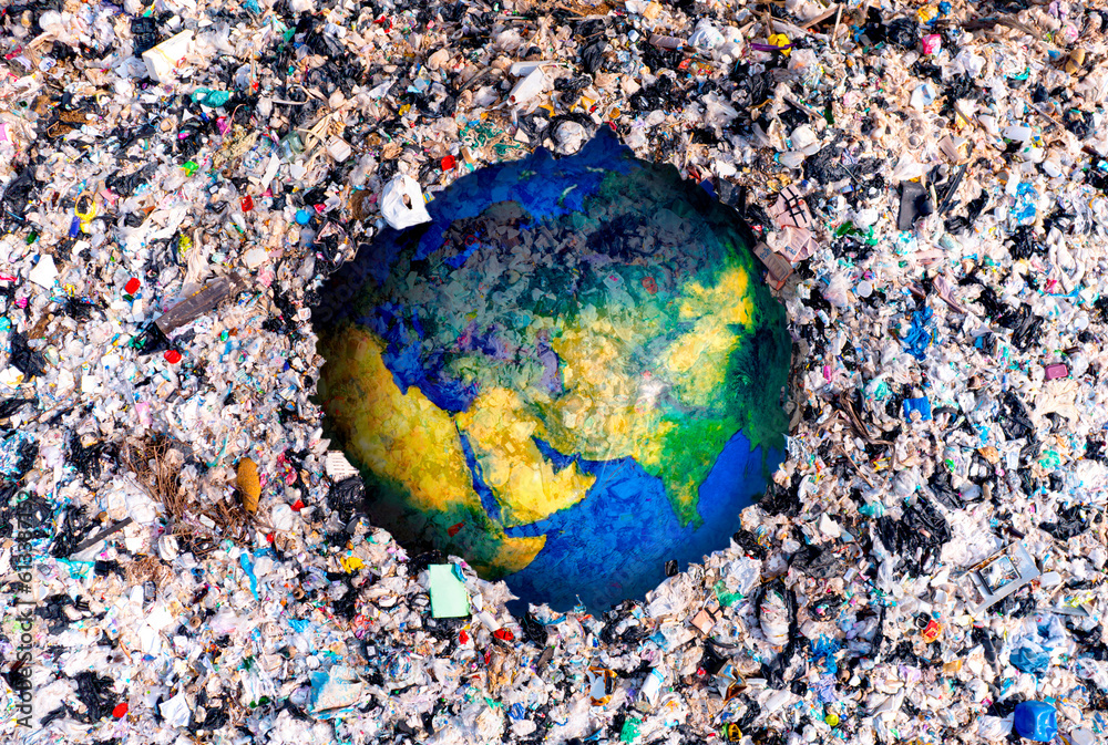 Garbage piles and waste plastic bottles over the globe, the concept of ...