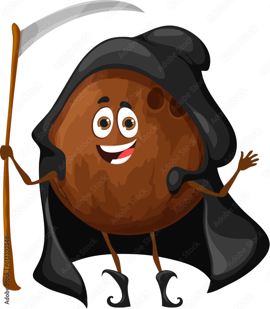 Cartoon Halloween coconut character. Isolated vector tropical nut ...