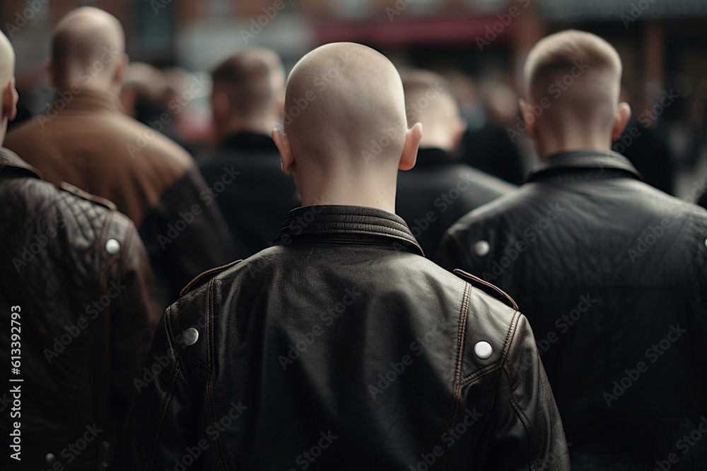Back view of group of skinhead neo-nazis in leather jackets. Generative ...